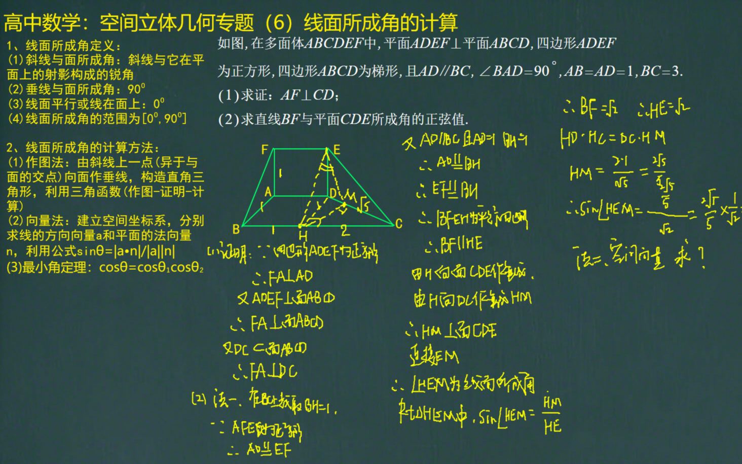 高中数学:空间立体几何专题(6)线面所成角的计算方法