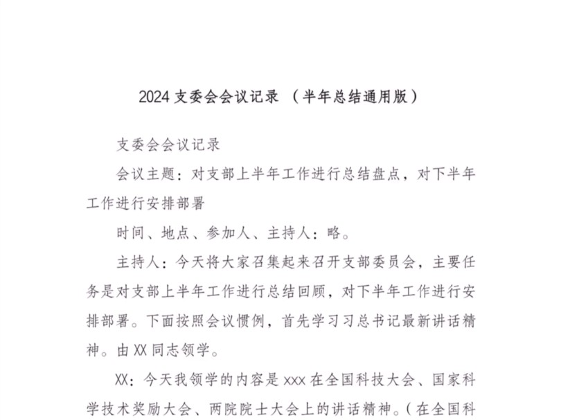 2024支委会会议记录(半年总结通用版)