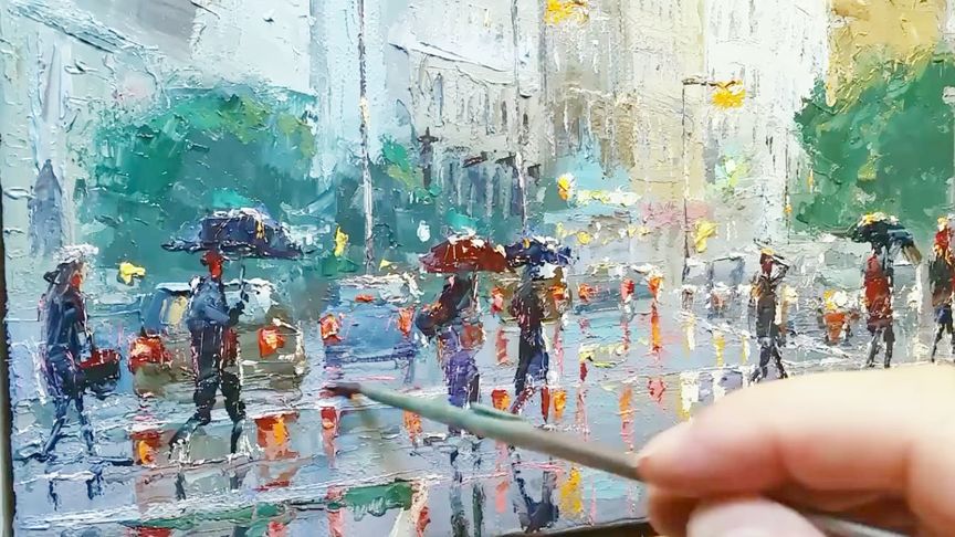 油画街道建筑树木小摊小贩及人群画法,你学会了吗