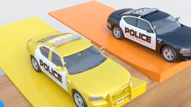 汽车动画:小警车跳进颜料池染上各种颜色