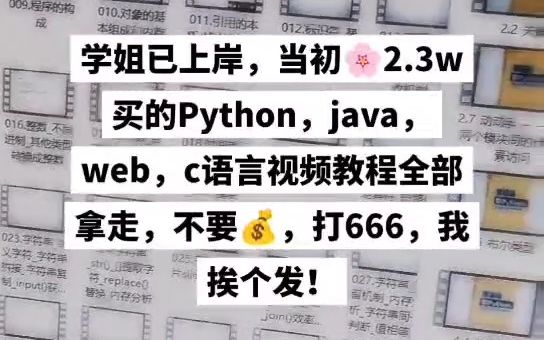 学姐已上岸,当初花2.3w买的python,Java,web,C语言视频教程全部拿走,...