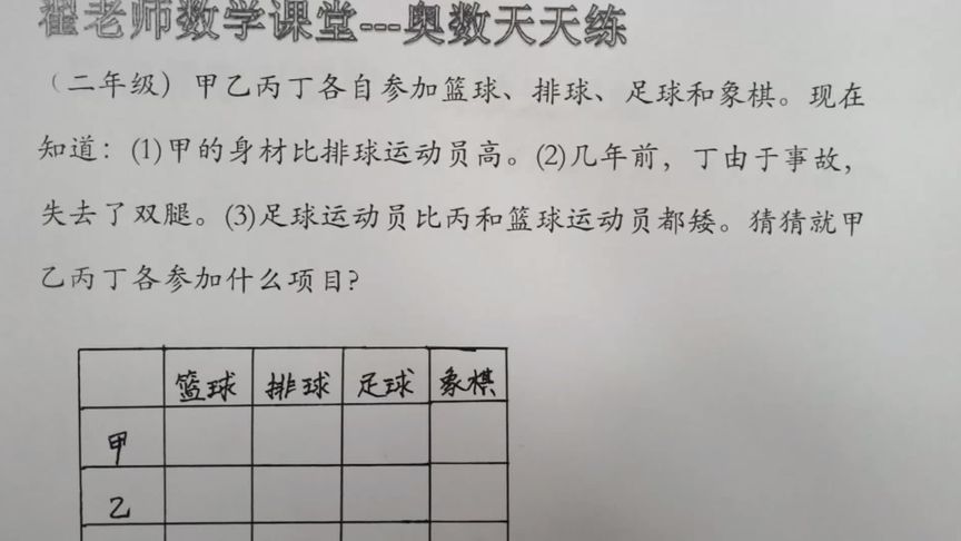二年级数学,奥数天天练,画表格解决推理题