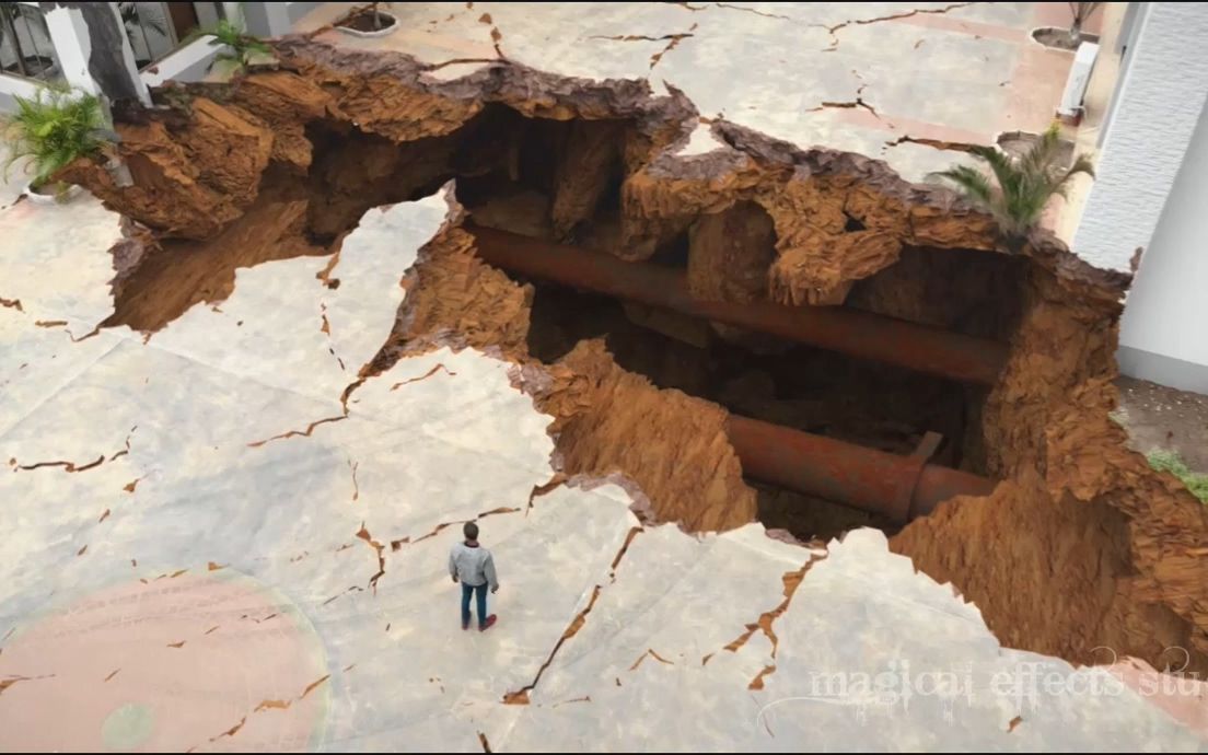 【C4D教程】运动追踪高级案例,实景追踪地面塌陷效果制作【中英...