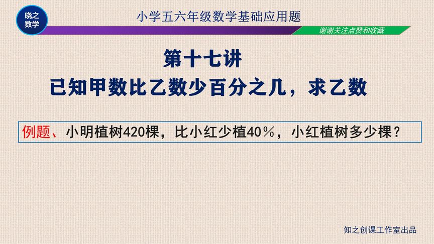 五六年级数学应用题第17讲:已知甲数比乙数少百分之几,求乙数。