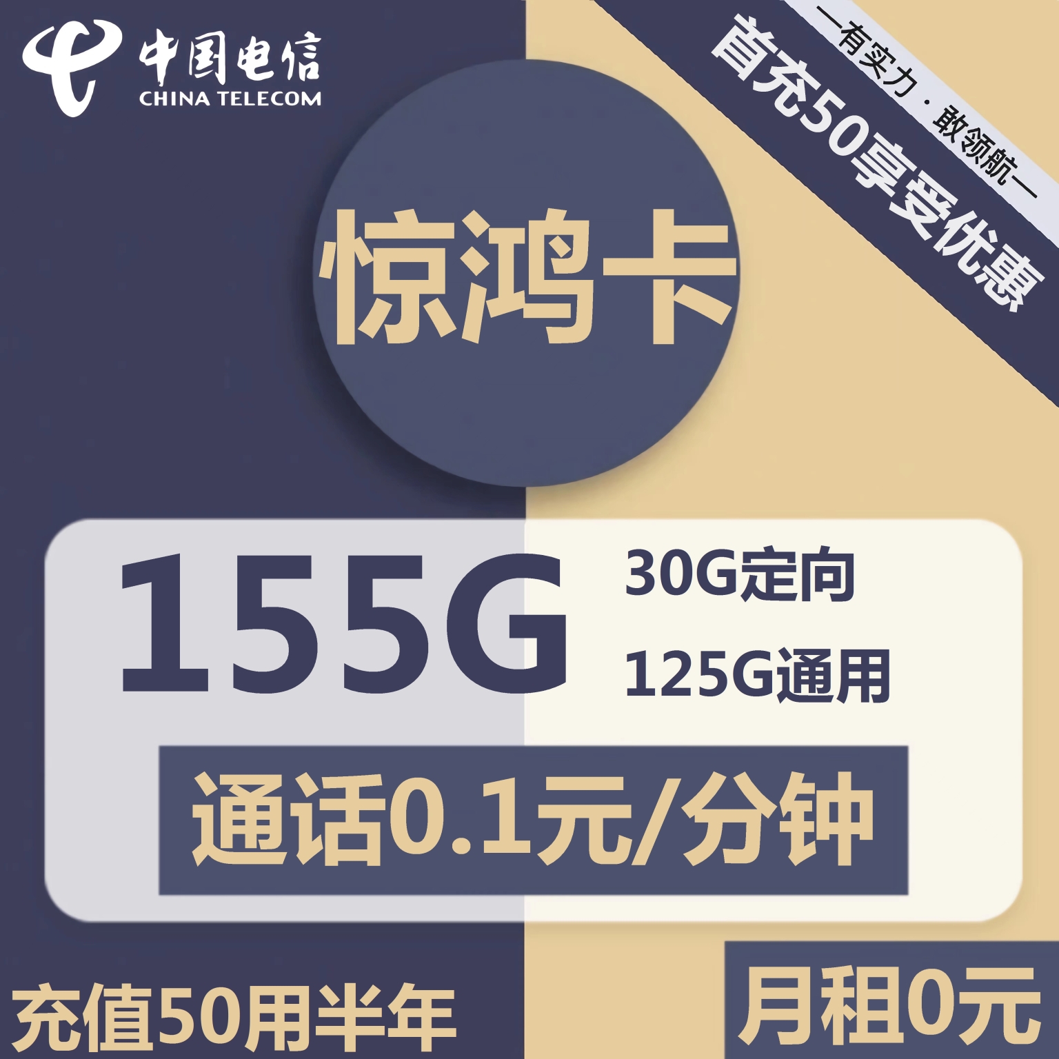 新卡推荐,中国电信首充50免费用半年,半年后可以自助注销,四舍五入...
