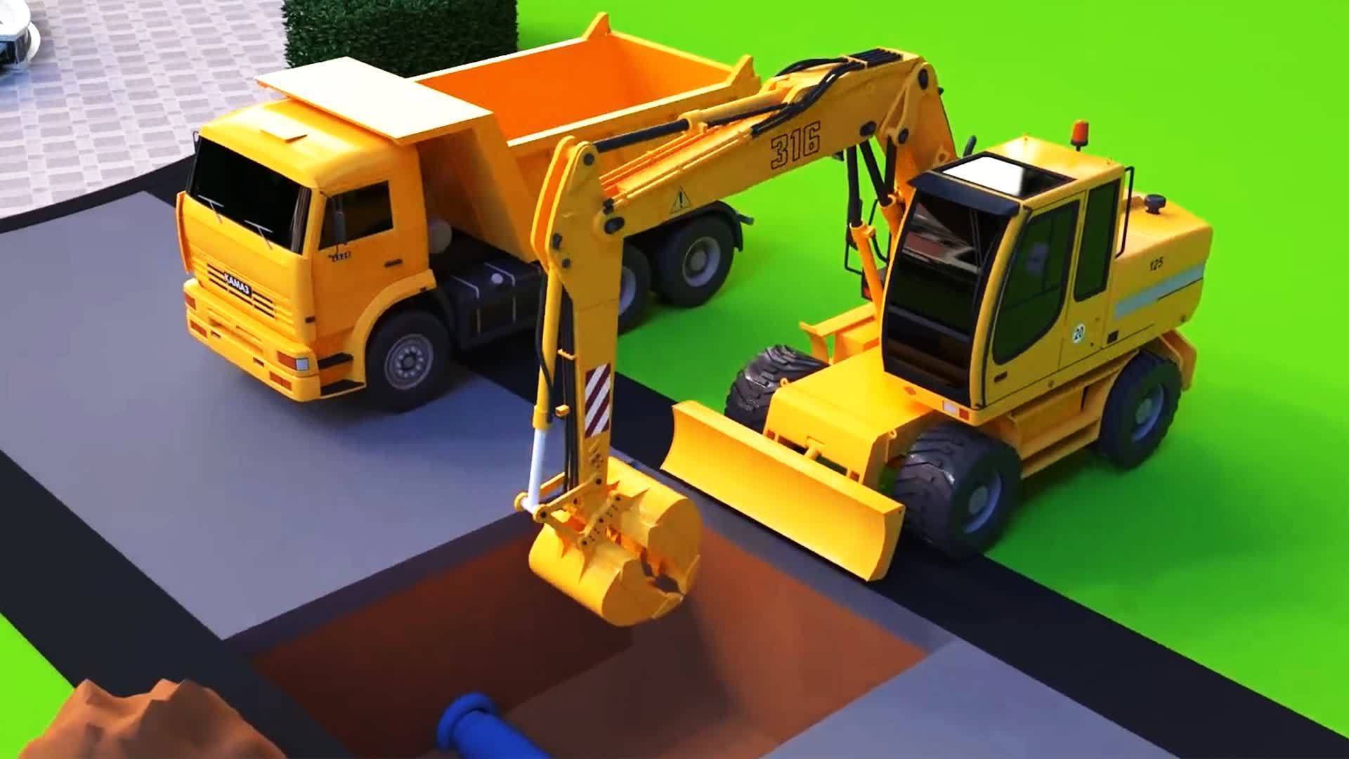 挖掘机和工程车维修损坏的喷泉水管,工程车儿童趣味动画