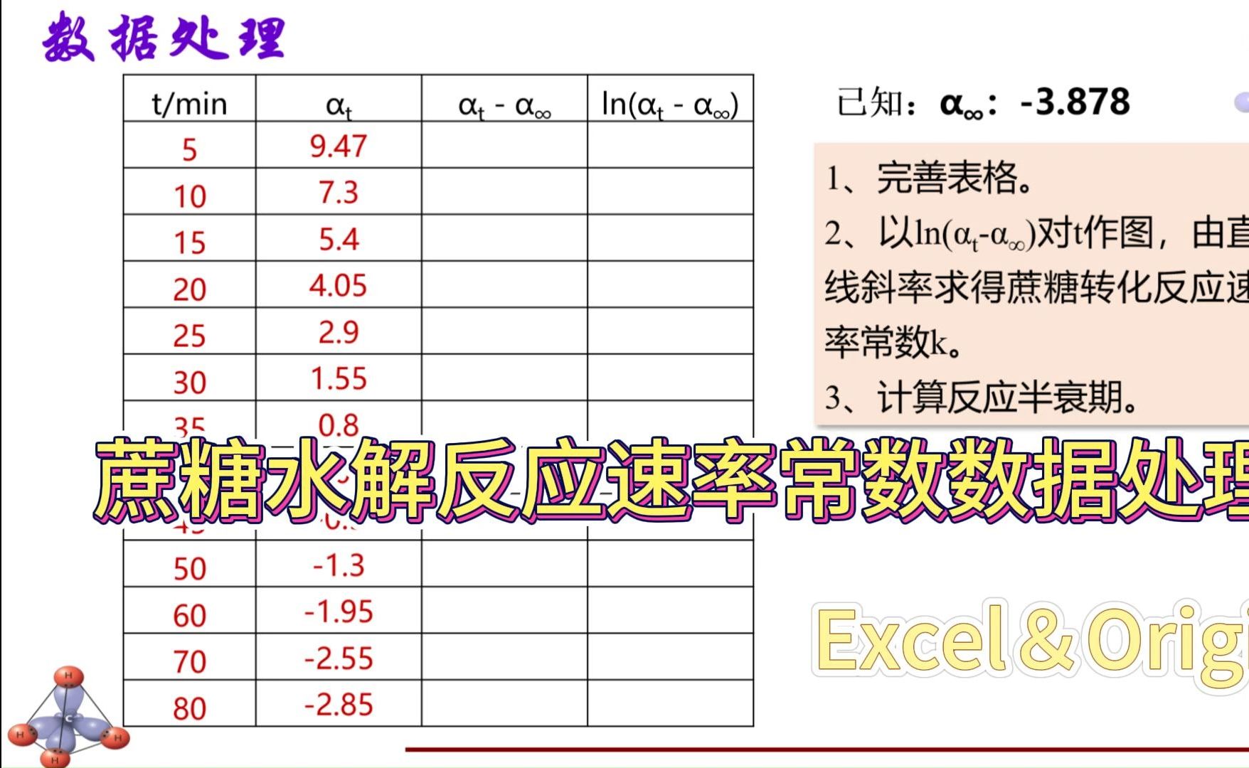 物理化学实验-- 蔗糖水解反应速率常数数据处理,Excel和origin线性拟合,...