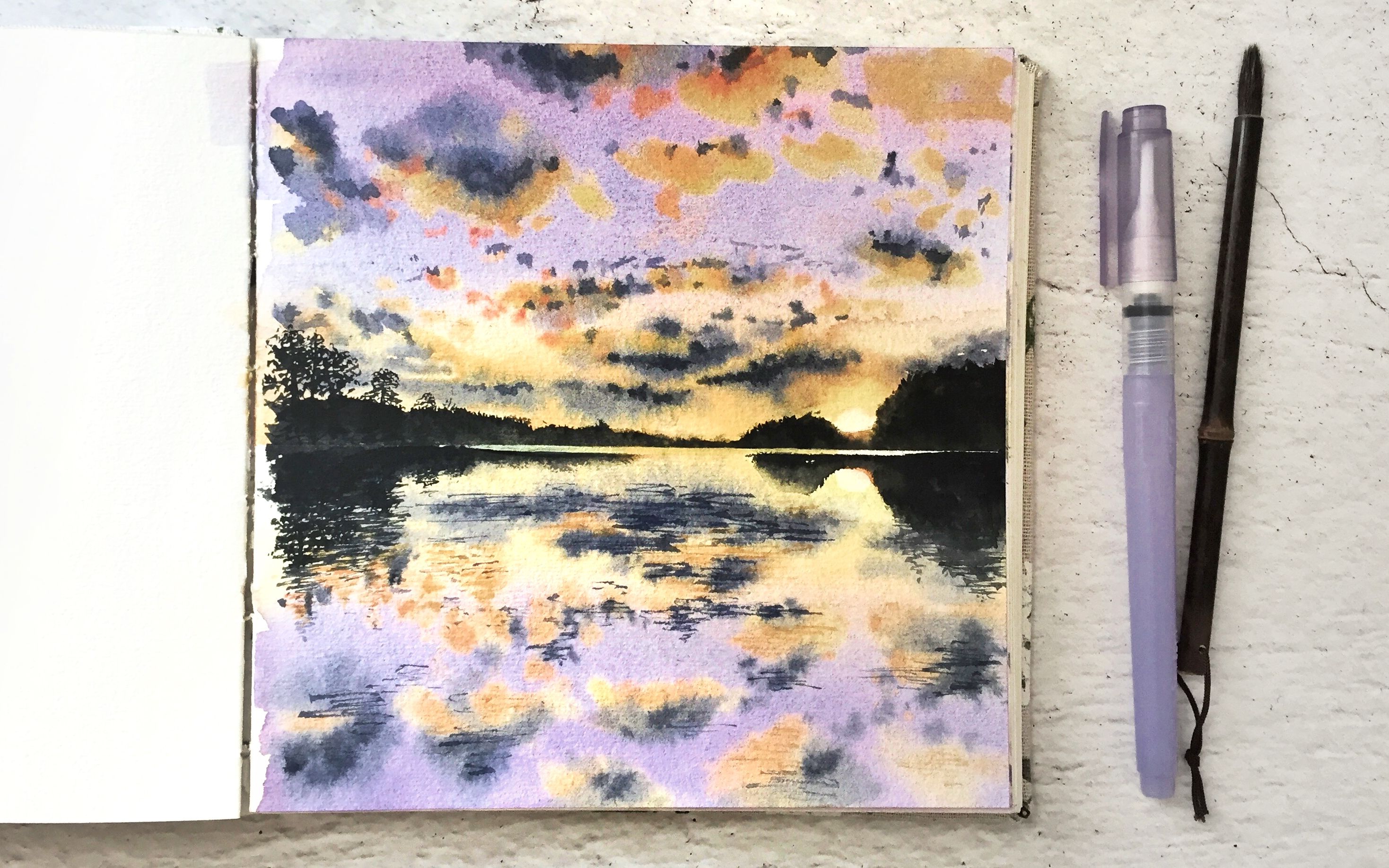 【水彩】适合初学者的水彩风景教程/一起来画简单又温暖的夕阳落日吧!