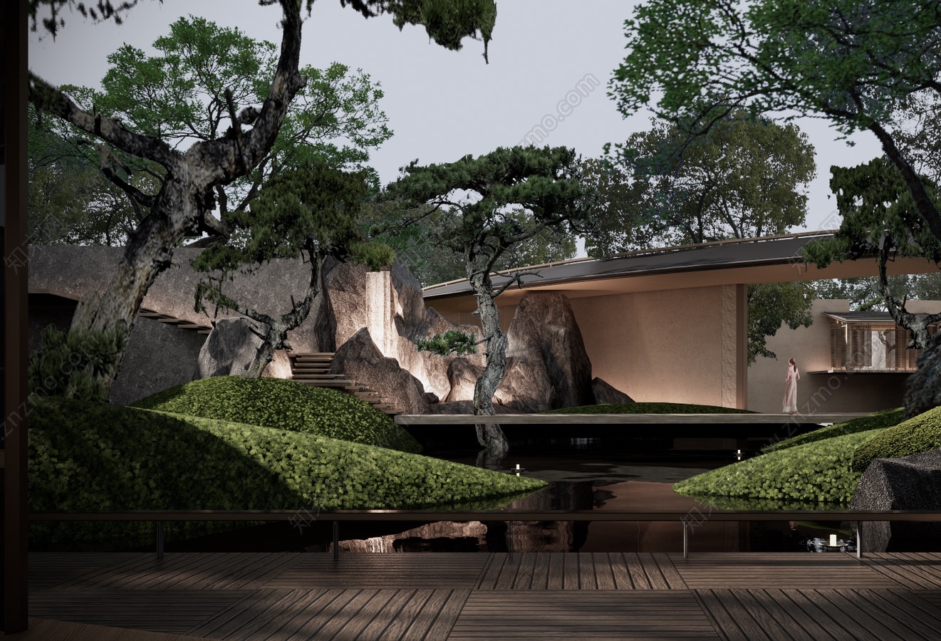 SU庭院中庭精细化模型 建模 enscape d5 效果图 渲染庭院 花园