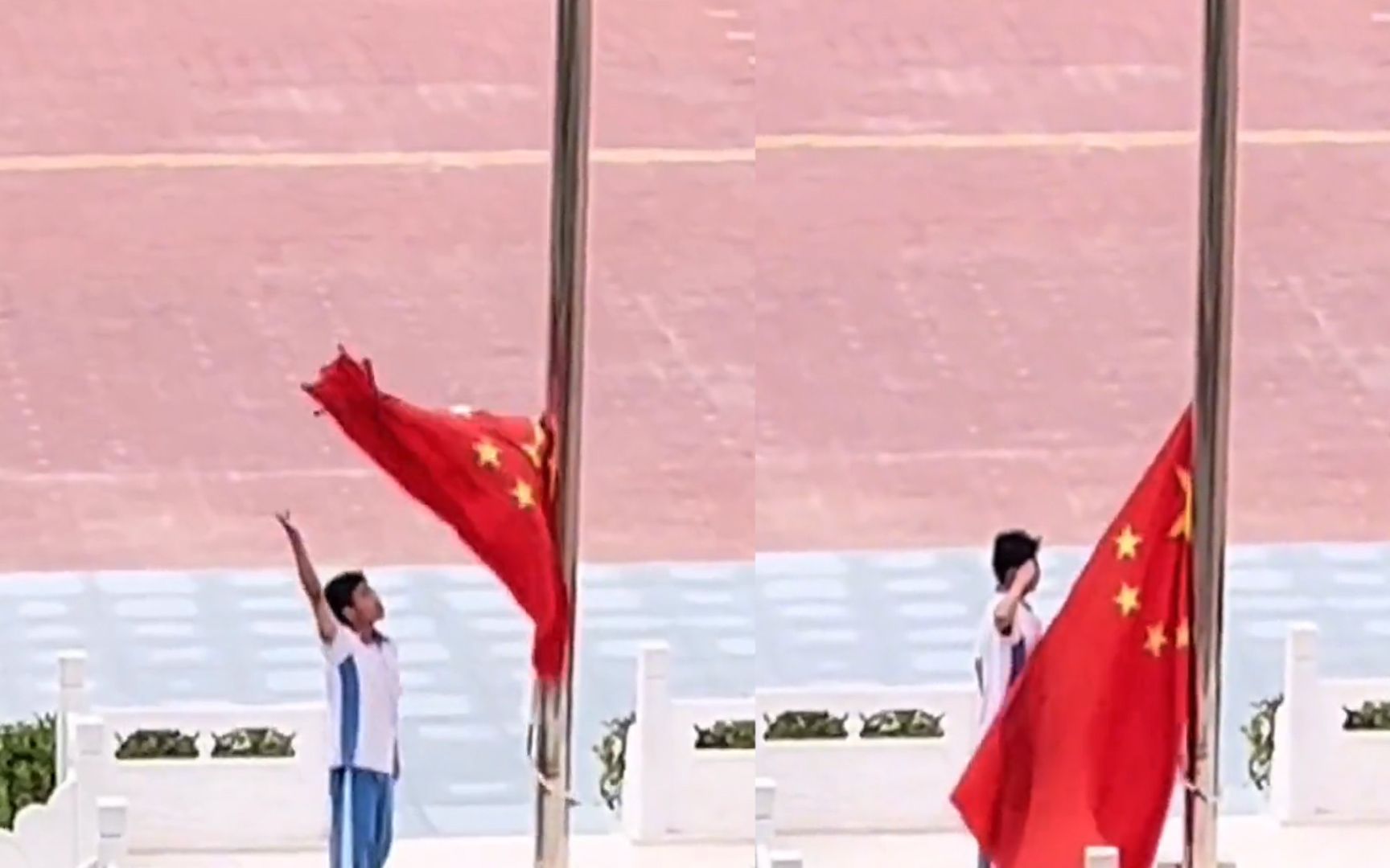 少年烈日中反复练习升国旗,敬礼升旗动作标准:少年强则中国强