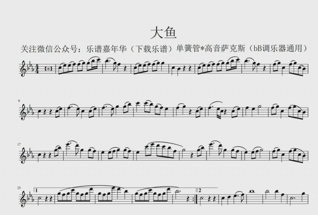 大鱼 萨克斯 长笛 单簧管 小提琴 流行 独奏 乐谱