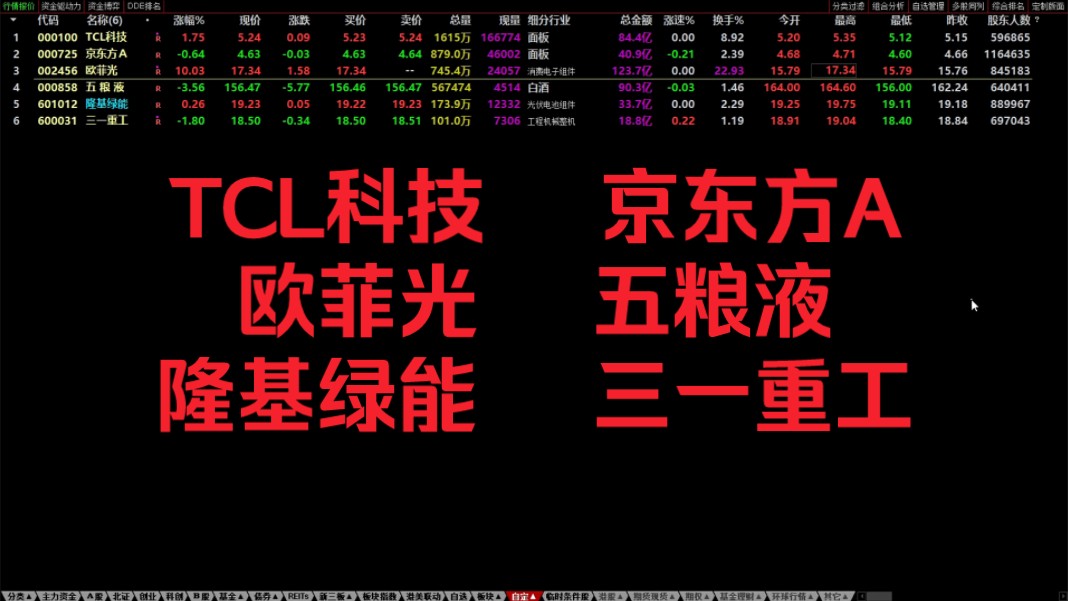 TCL科技、京东方A、欧菲光、五粮液、隆基绿能、三一重工