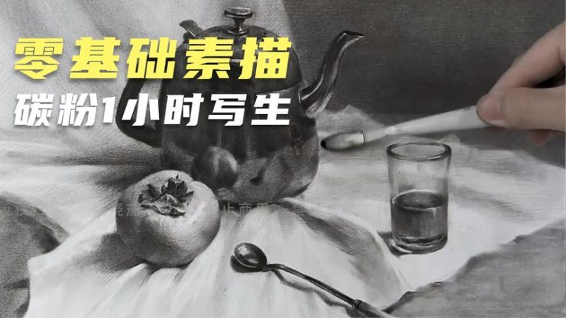 素描静物 碳粉素描教学,不锈钢水果组合示范 美术生必备收藏