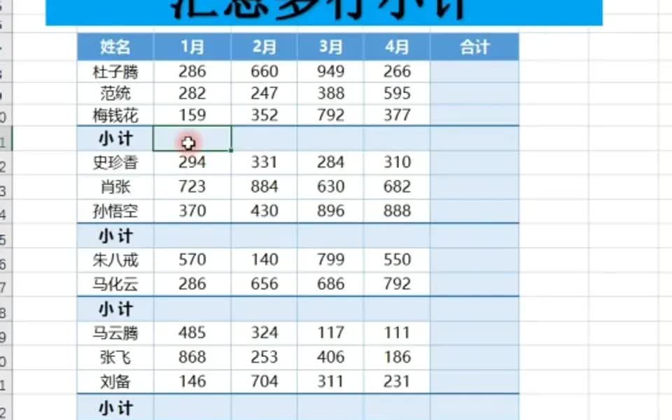 Excel职场办公教程汇总多行小计