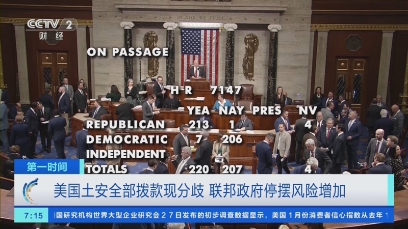 [第一时间]美国土安全部拨款现分歧 联邦政府停摆风险增加