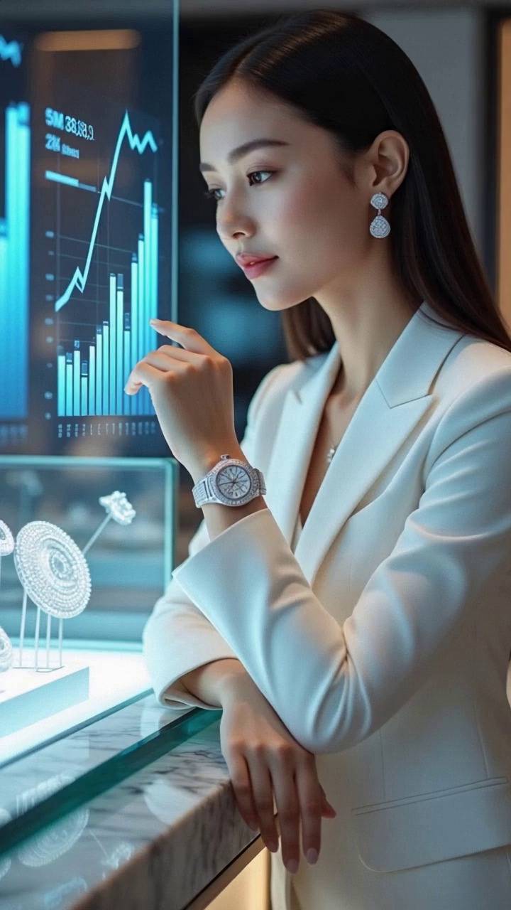 ...左手腕佩戴镶钻机械表盘的精致白金手表,表带反射柔光,背景虚化的...