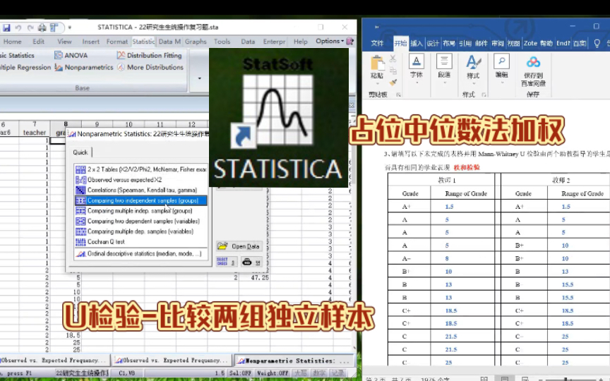 【STATISTICA】【生物统计学】U检验,占位中位数法对成绩等级加权