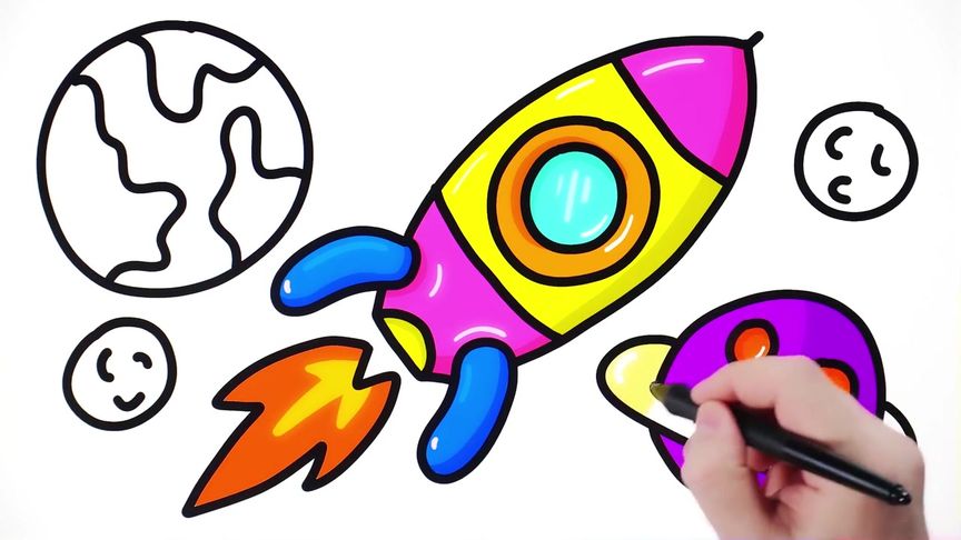 儿童彩绘:画飞向太空的火箭 儿童简笔画 创意美术课程