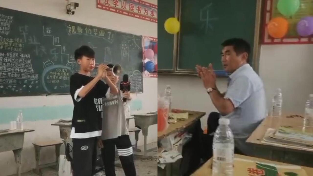 男孩在小学毕业班会上吹唢呐,一上场就艳惊四座,老师们疯狂鼓掌