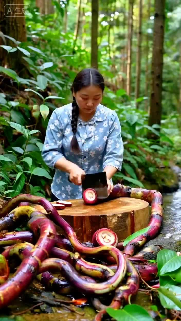 美女采挖的鸡血藤正在切片! #即梦AI@DOU+小助手