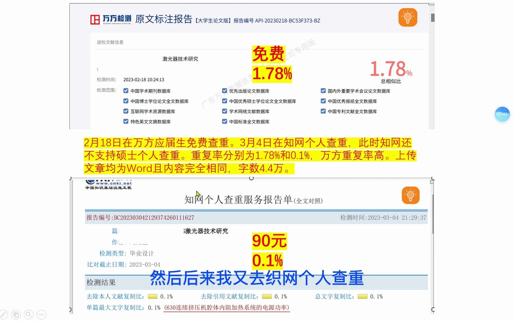 Word/PDF重复率对比,万方/知网重复率对比,300元实测