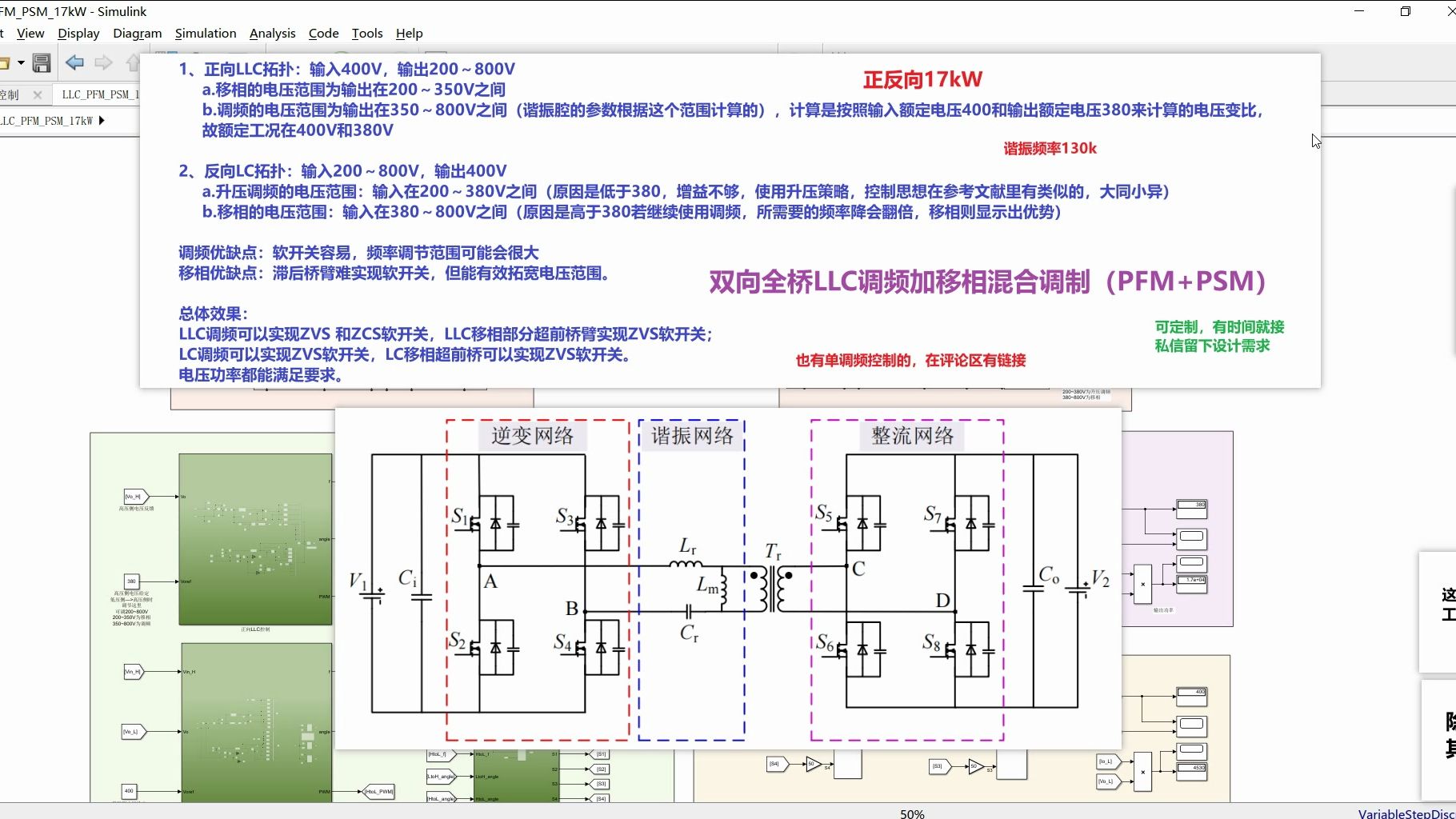 宽电压范围大功率双向全桥LLC调频加移相混合调制(PFM+PSM)