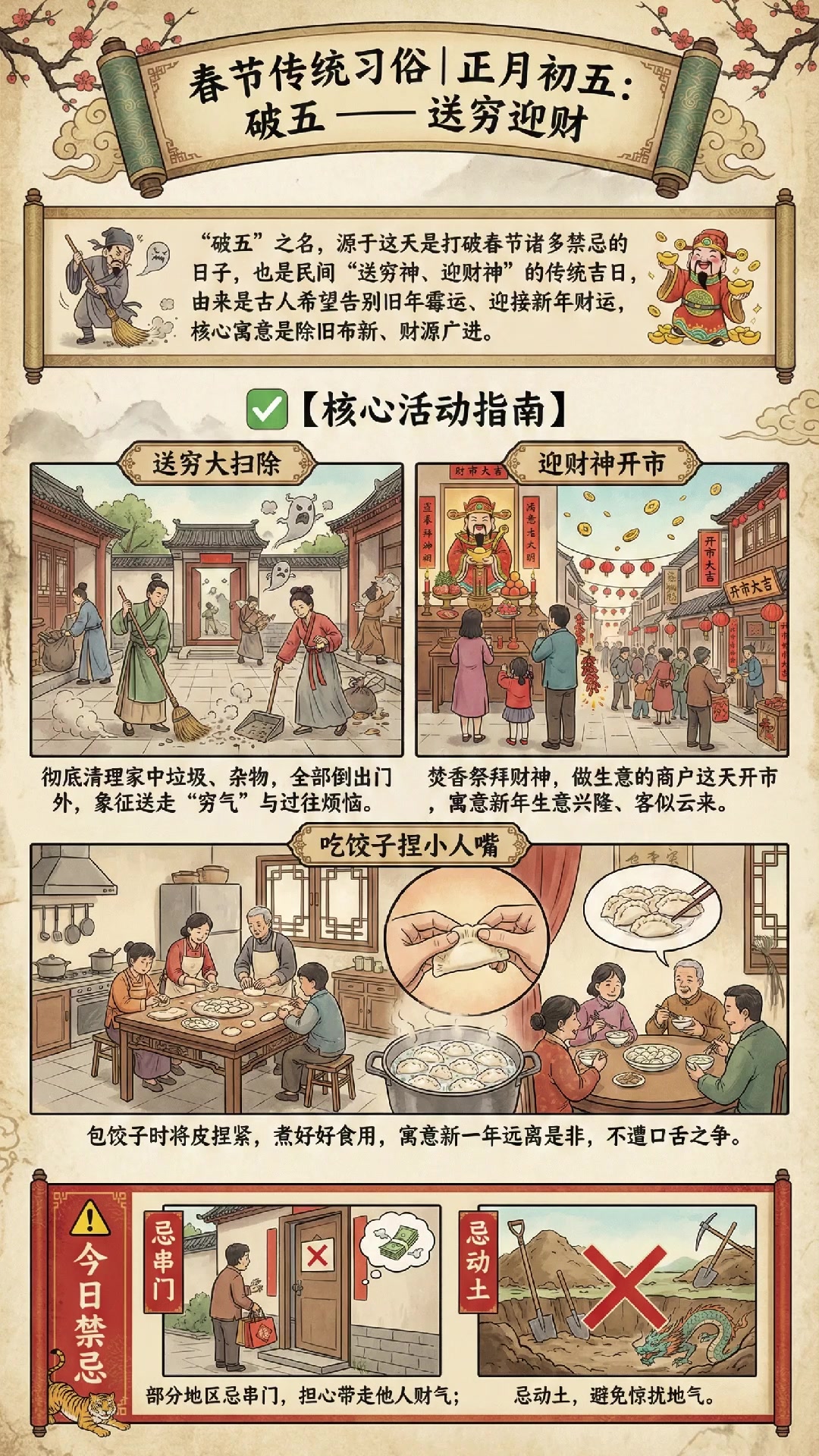 春节传统习俗|正月初五:破五 -- 送穷迎财 #习俗 #春节 #一人一个春节...