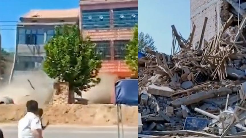 河南一4层楼房建成3个月倒塌,砸碎邻居3层洋楼,倒塌瞬间曝光!