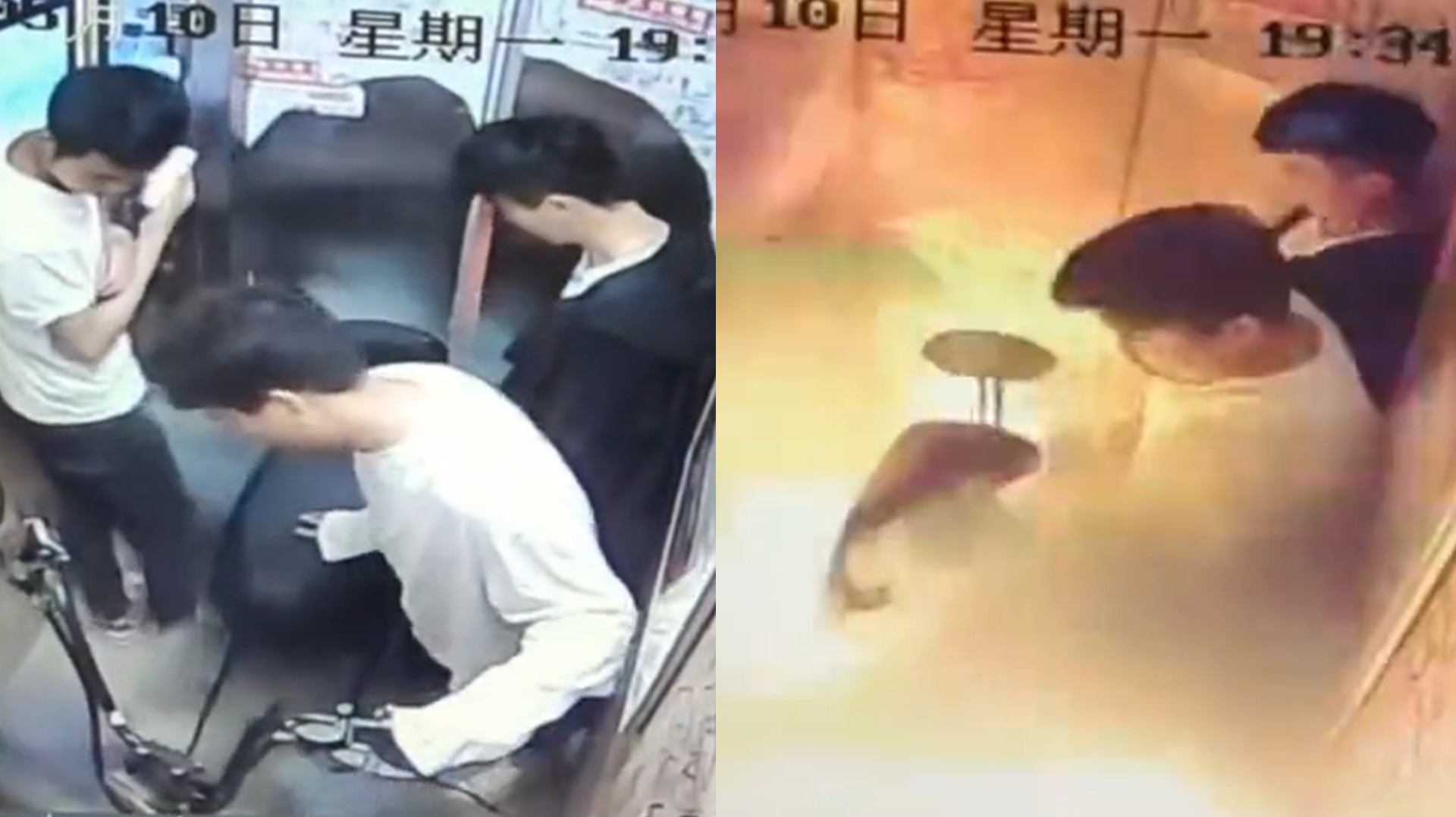 电动车电梯内突然自燃,火焰瞬间吞噬致多人受伤,画面.