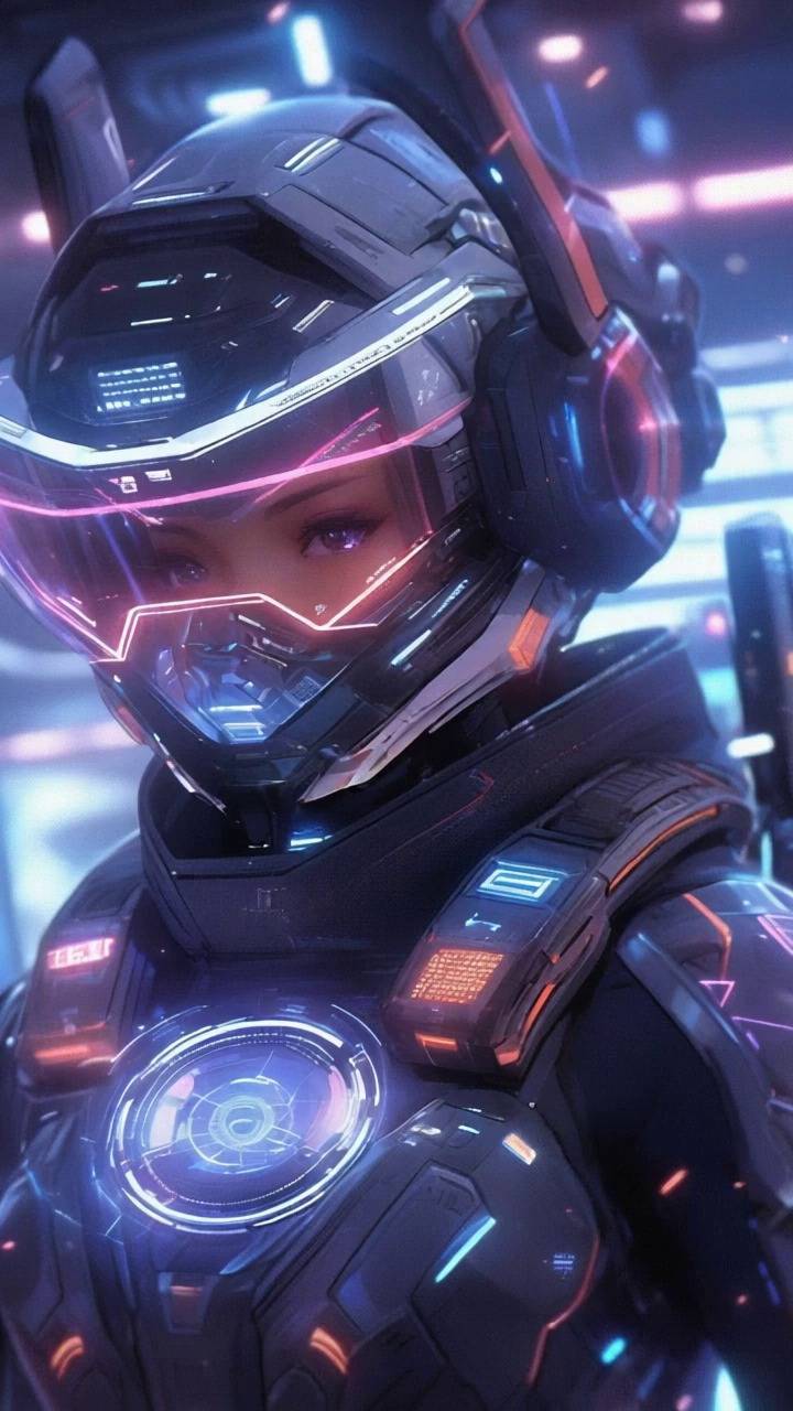 ...装甲表面带有机械电路纹路和金属光泽,手持脉冲武器,眼部传感器发出...