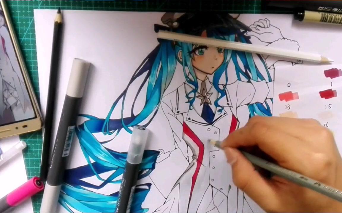 【马克笔手绘】用斯塔画一只雪初音 (新人up哟罗西库)