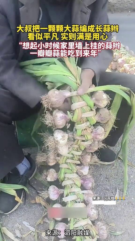 大叔把一颗颗大蒜编成长蒜辫,看似平凡, 实则满是用心,"想起小时候家...