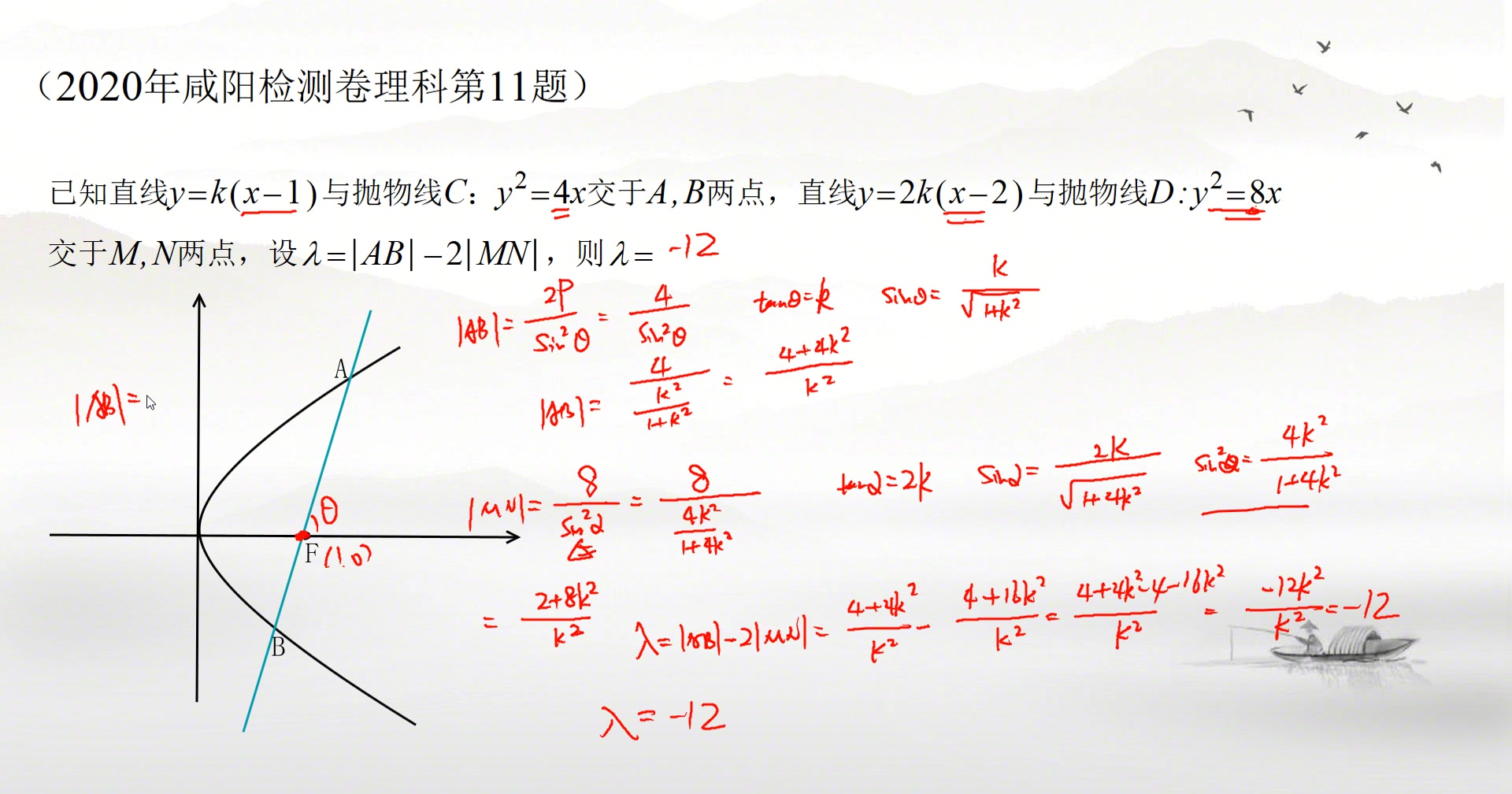 2020咸阳检测卷理科第11题(抛物线焦点弦长公式应用)