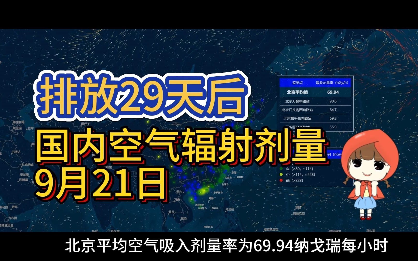 核污染水排放29天后,国内空气辐射剂量及地表风场数据展示,23年9月...