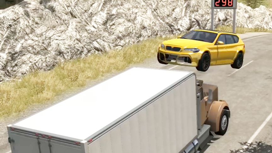 BeamNG:越野车开足马力飞跃冲向小货车车厢,拟真车祸模拟