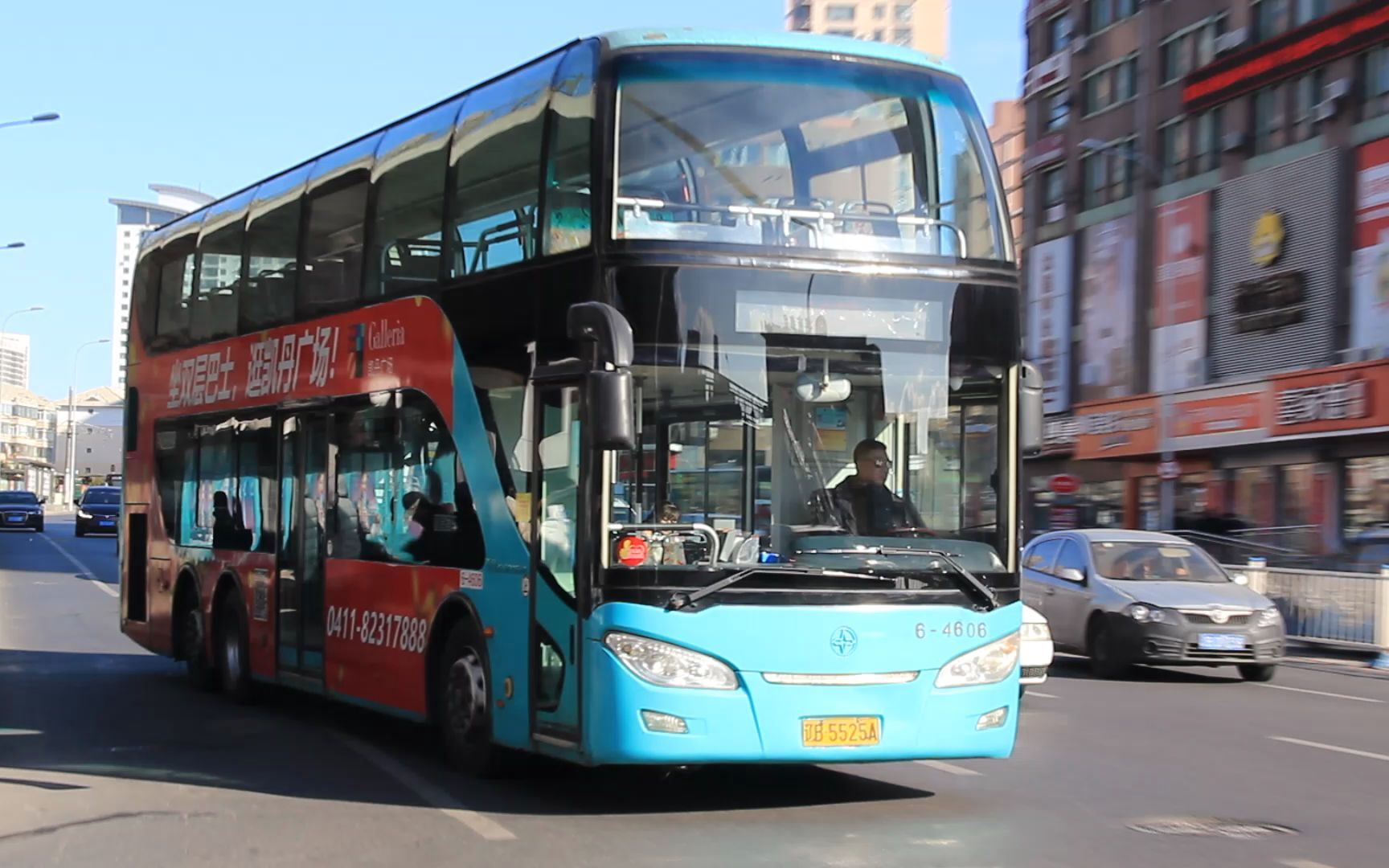 大连公交16路亚星大S双层巴士黑石礁出站(已报废)老相机拍摄