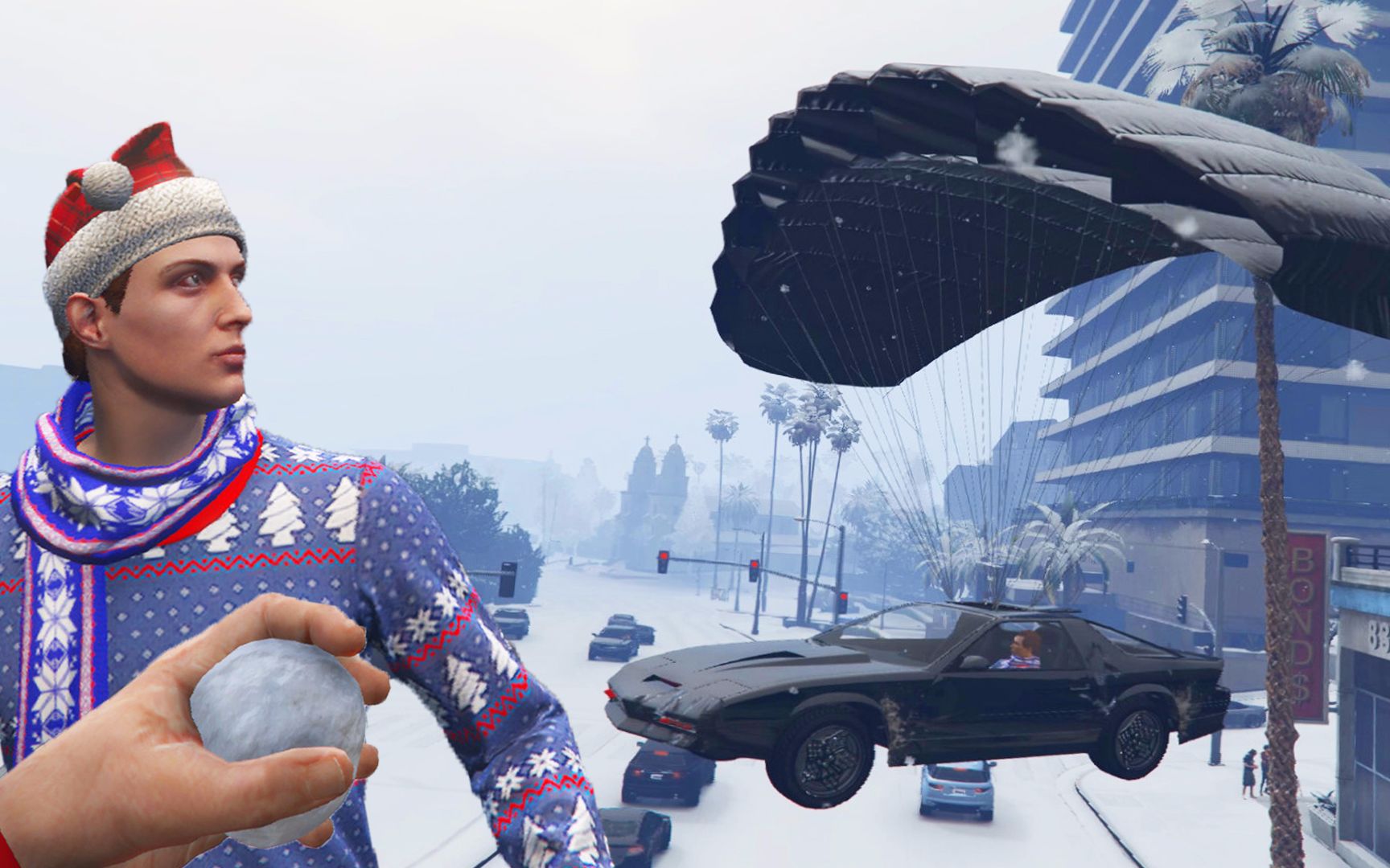 ... GTA5 圣诞狂欢打雪仗,更新变形汽车可以发导弹还可以开降落伞