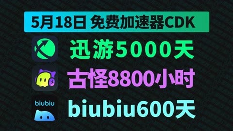 5月18日惊喜!古怪加速器口令CDK领,迅游biubiu周卡快来抢!