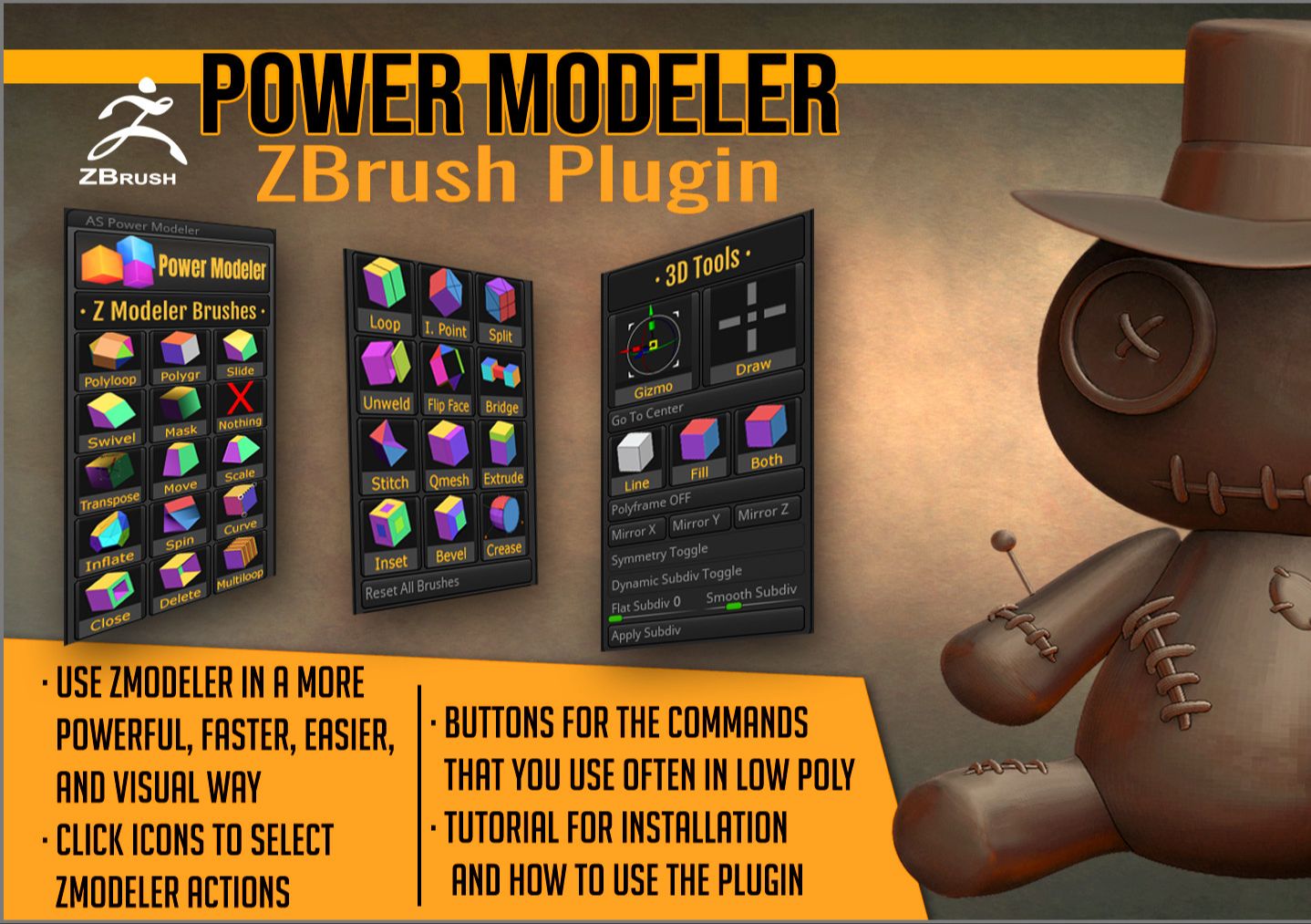 建模辅助ZBrush插件1款低多边形建模ZB插件Power Modeler基础模型...