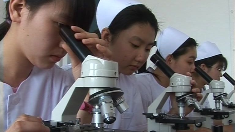 实验课看显微镜,一录特写学生们就想笑,看给她们美的!