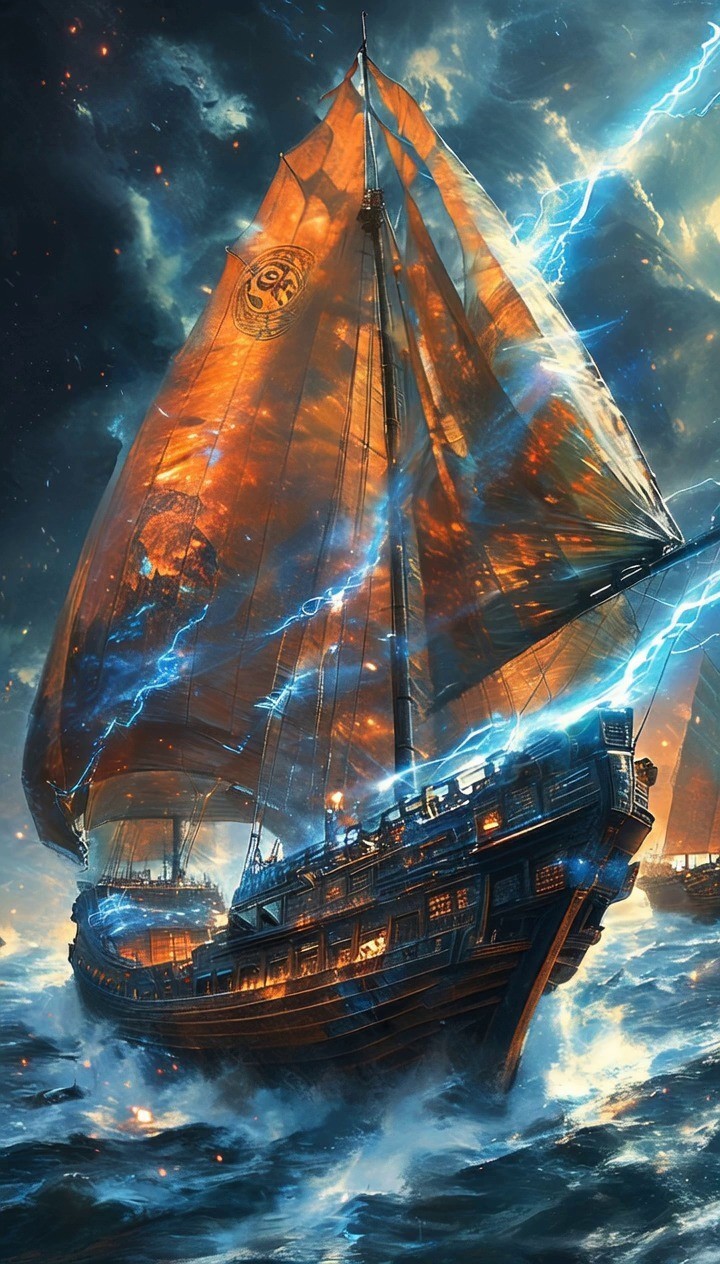 ...暗红色诡异月光穿透厚重乌云,半透明船帆浮现荧光符文,铆钉装饰的...