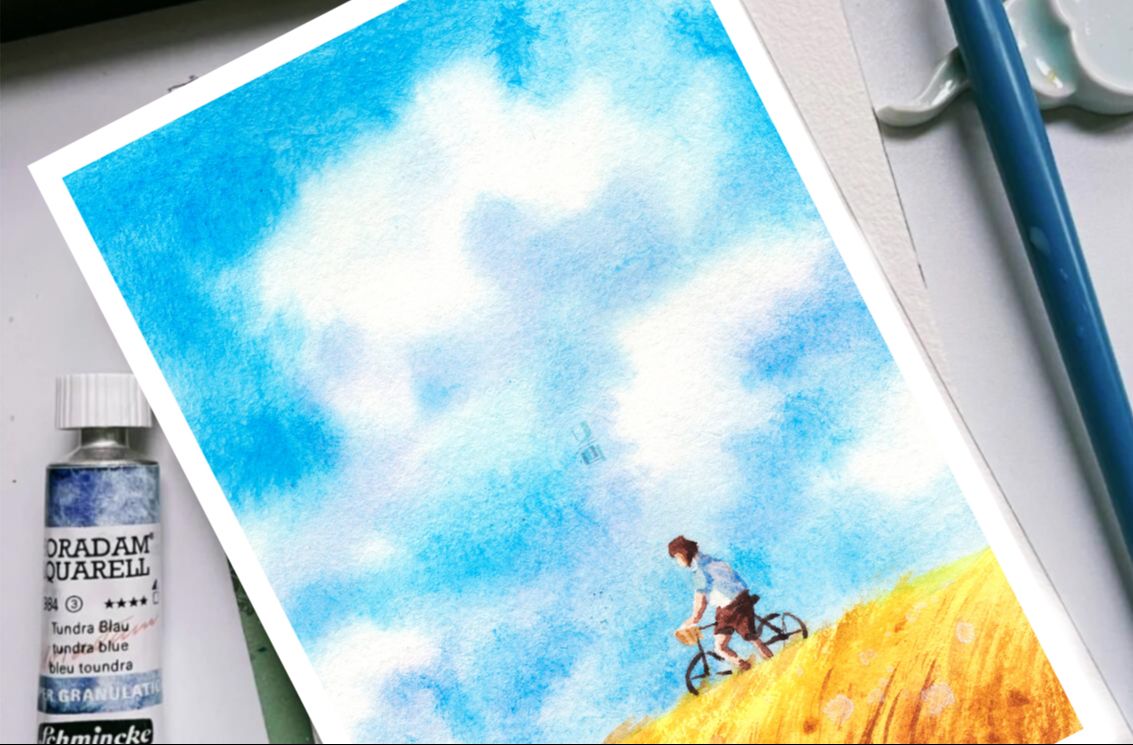 水彩如何画蓝天白云?一幅乡间小画教会你