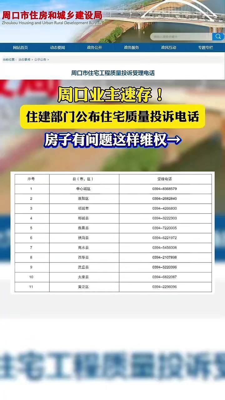 周口业主速存!住建部门公布住宅质量投诉电话,房子有问题这样维权。(...