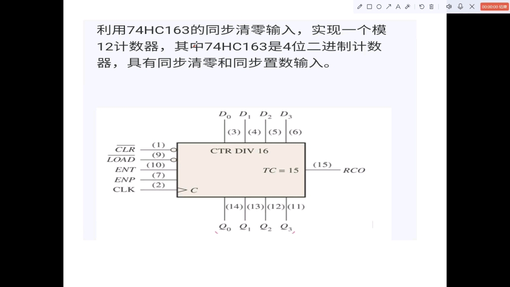 ...同步清零输入,实现一个模12计数器,其中74HC163是4位二进制计数器...