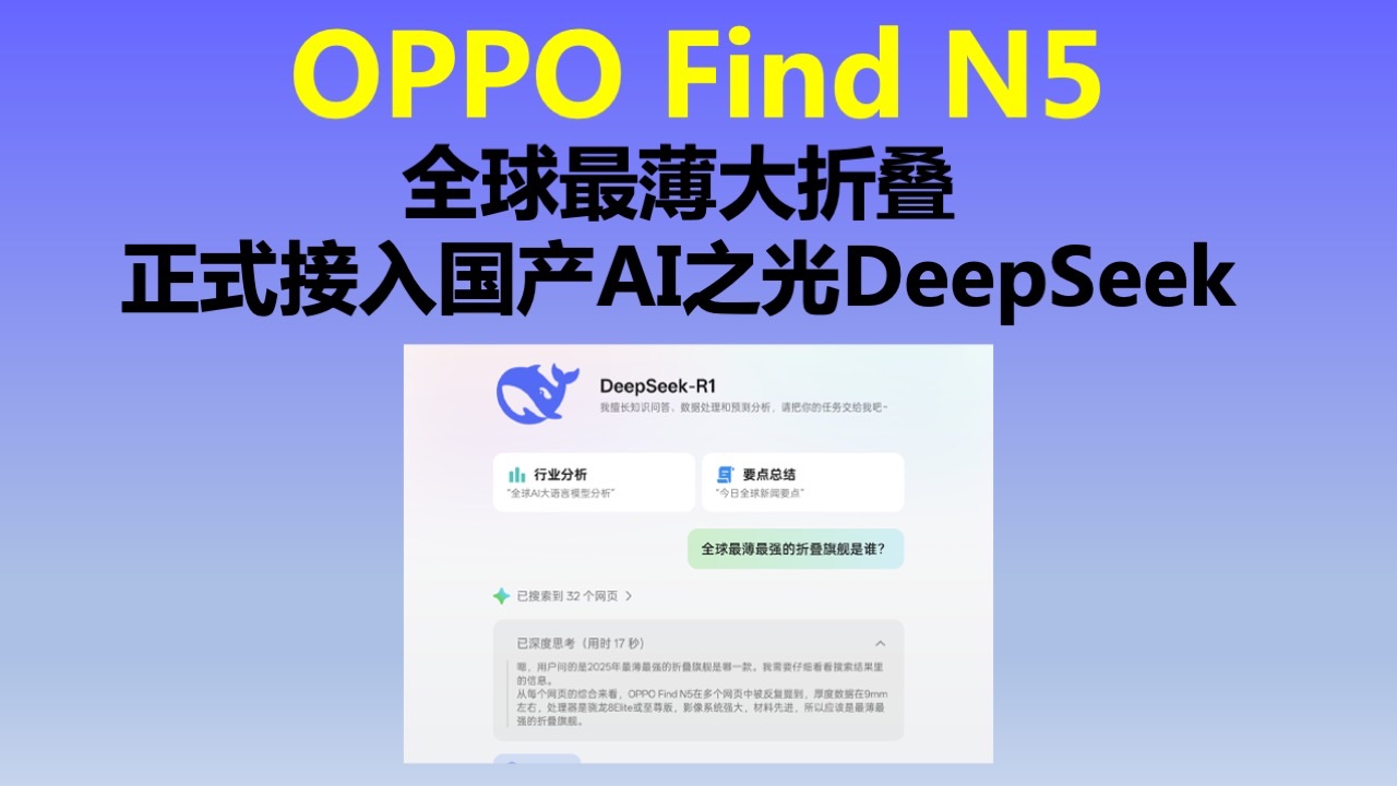 全球最薄大折叠OPPO Find N5正式接入国产AI之光DeepSeek