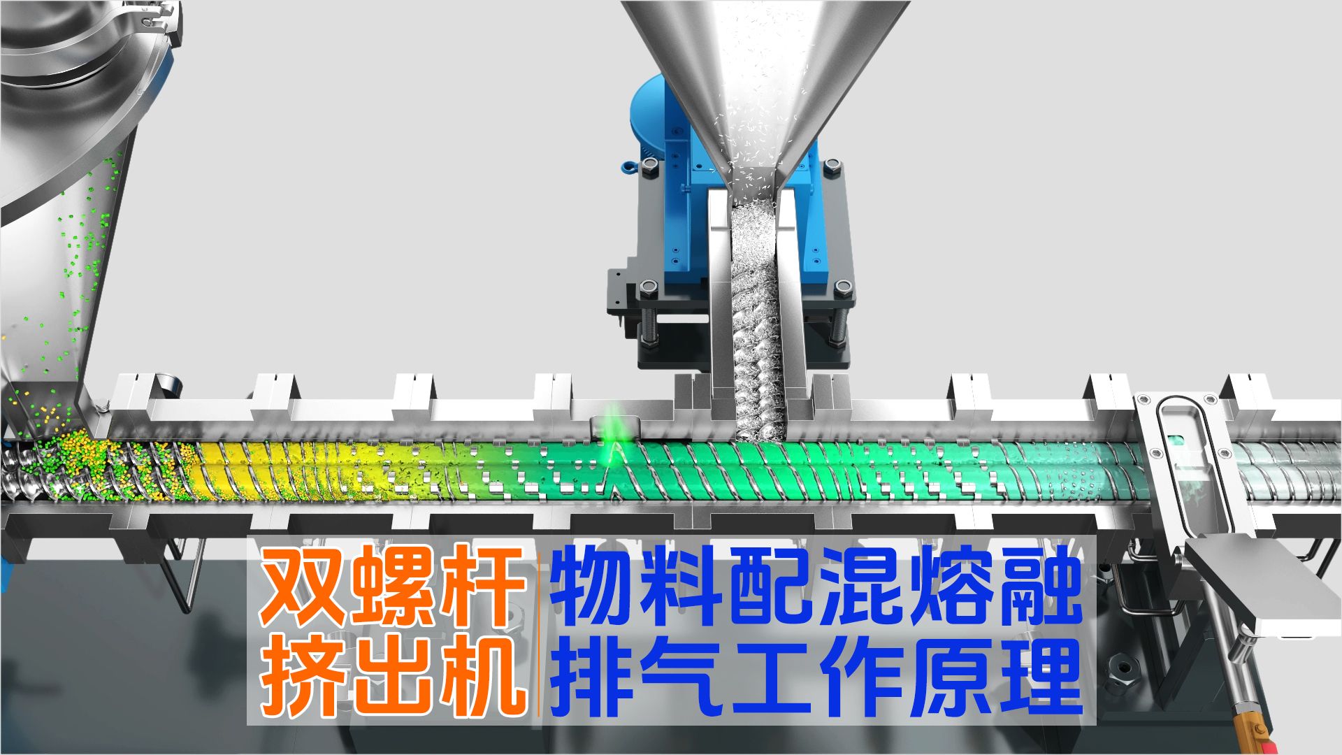 双螺杆挤出机物料配混熔融排气仿真动画|侧喂料|脱挥|侧排气|喂料增强|...