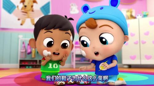 儿童早教动画妈妈教孩子刷鞋放进洗衣机里洗衣服了