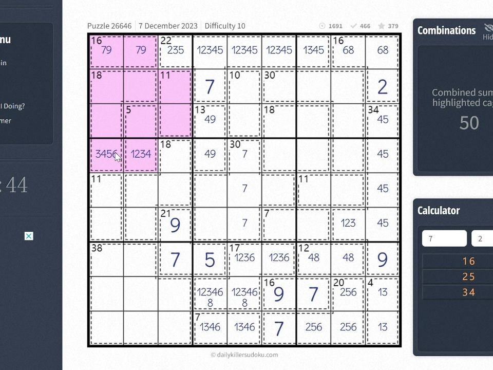 1小时15分钟完成 dailykillersudoku 每日杀手数独 2023-12-07的最高难度