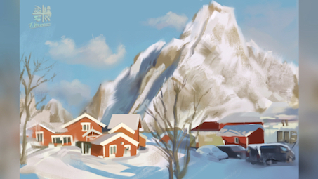 雪山红屋 油画笔刷ps小风景装饰画
