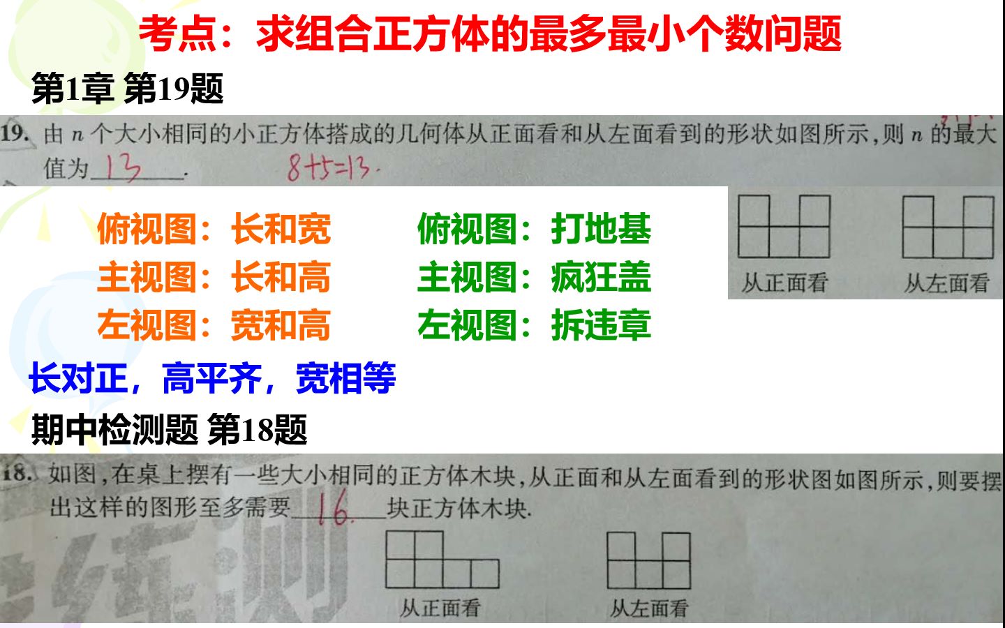 考点:求组合正方体的最多最少个数问题 第1章第19题,期中检测第18题